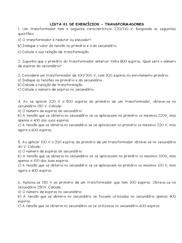 Lista 01 de Exercícios - Transformadores PDF | PDF