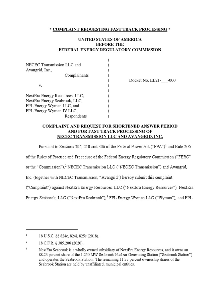 AGR NECEC FERC 206 Complaint Against NEE (10-13-2020) PDF | PDF ...