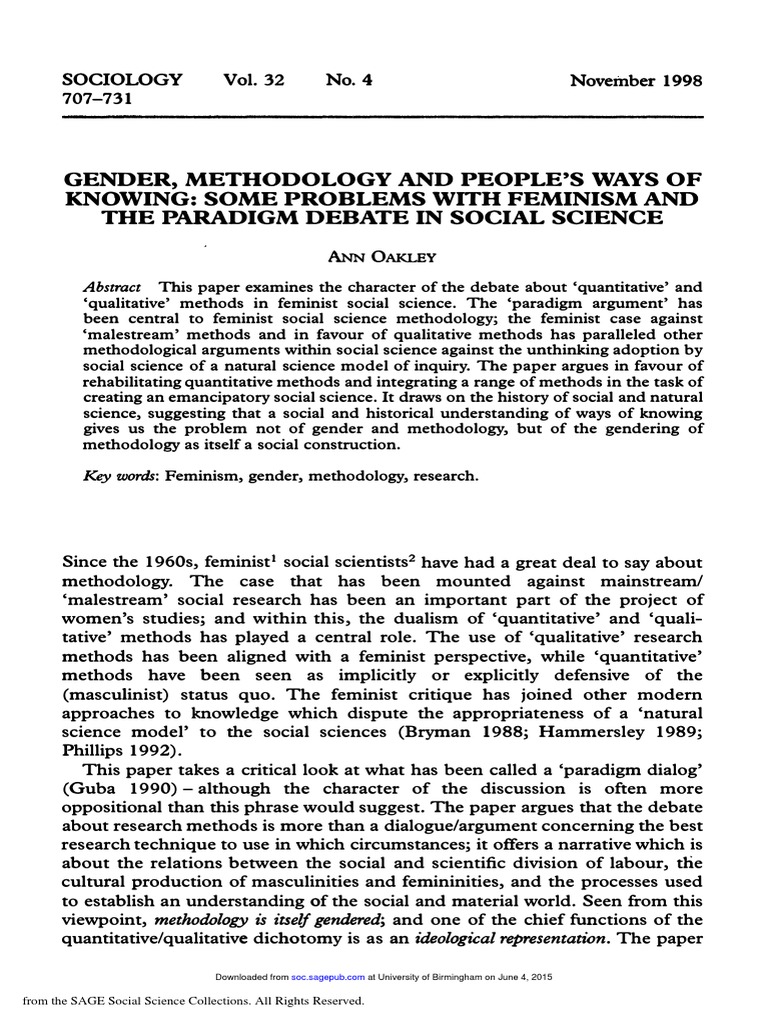 Oakley, A. (1998) - Gender, Methodology and People's Ways of Knowing Some Problems With Feminism ...