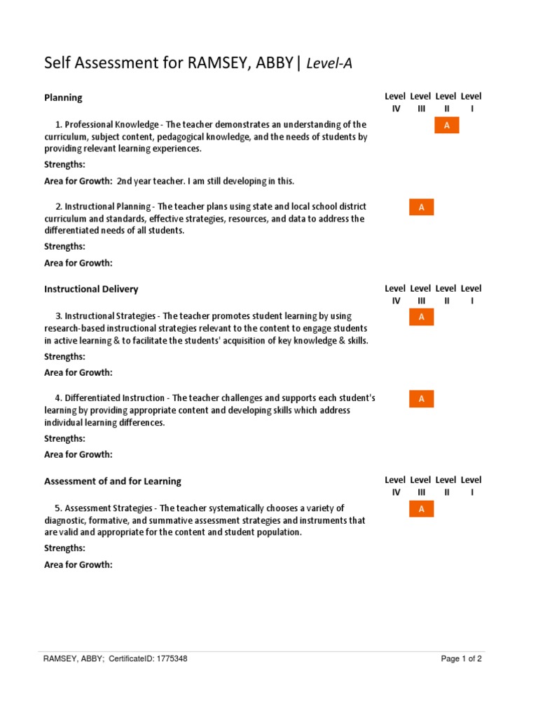 Self Assessment Reflection Pdf Educational Assessment Teachers