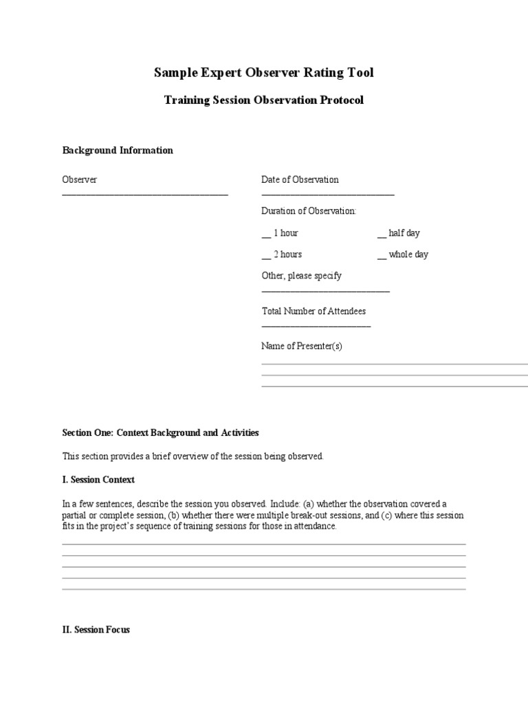 Sample Expert Observer Rating Tool: Training Session Observation ...