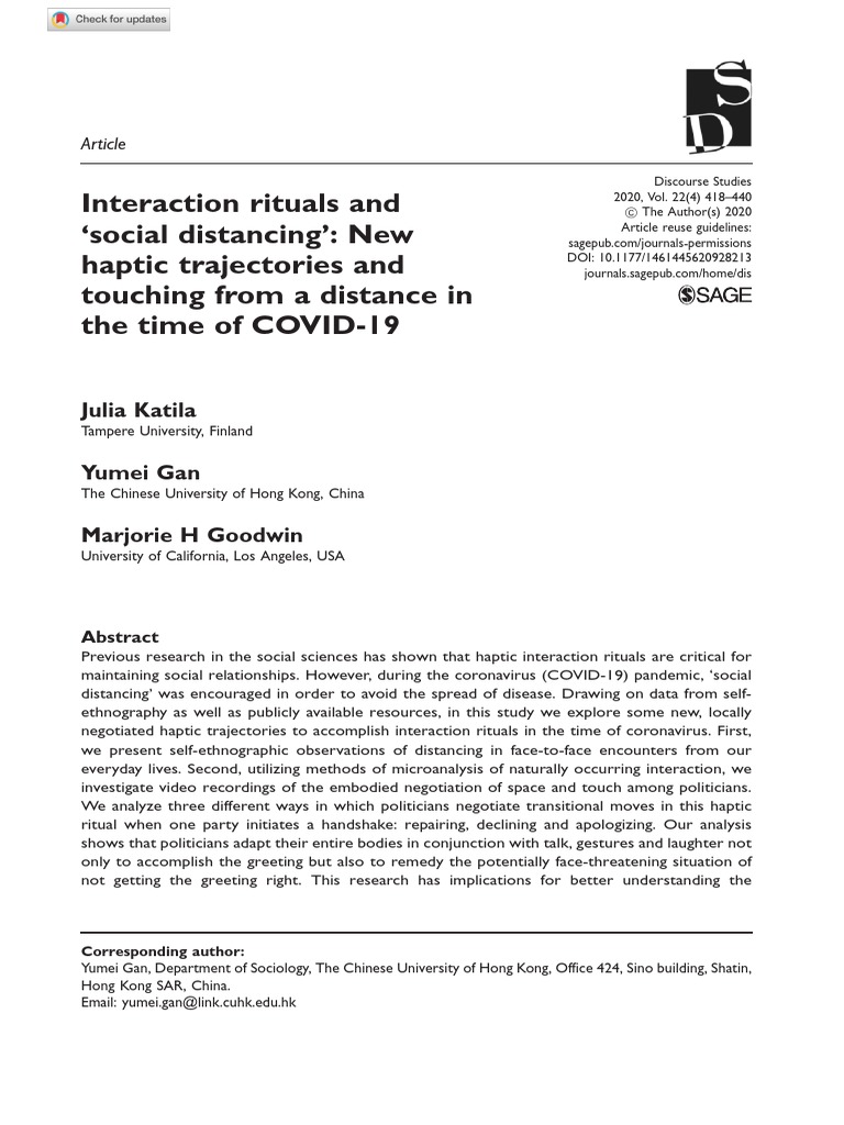 Interaction Rituals and Social Distancing': New Haptic Trajectories and ...