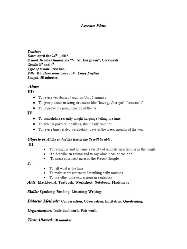 Lesson Plan: Aims | PDF | Vocabulary | Pedagogy