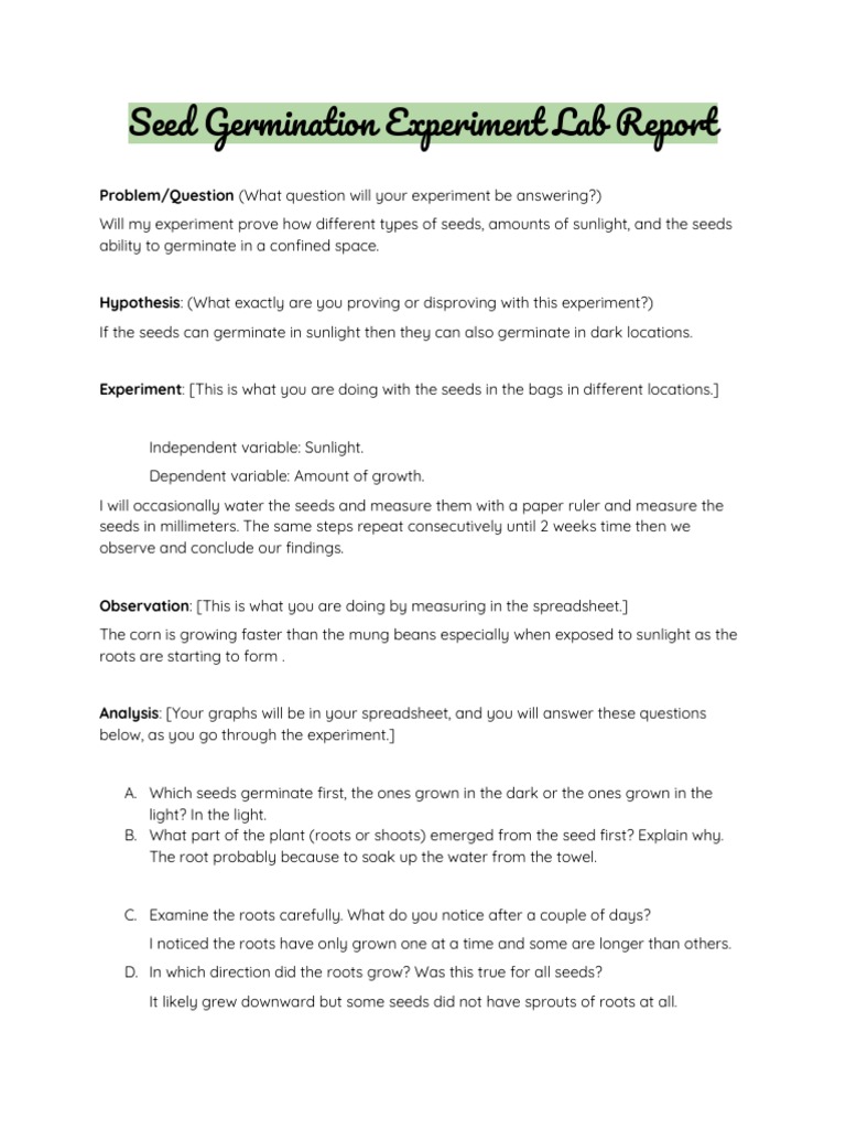 Felix Velasquez - 2020 Seed Germination Experiment Lab Report | PDF ...