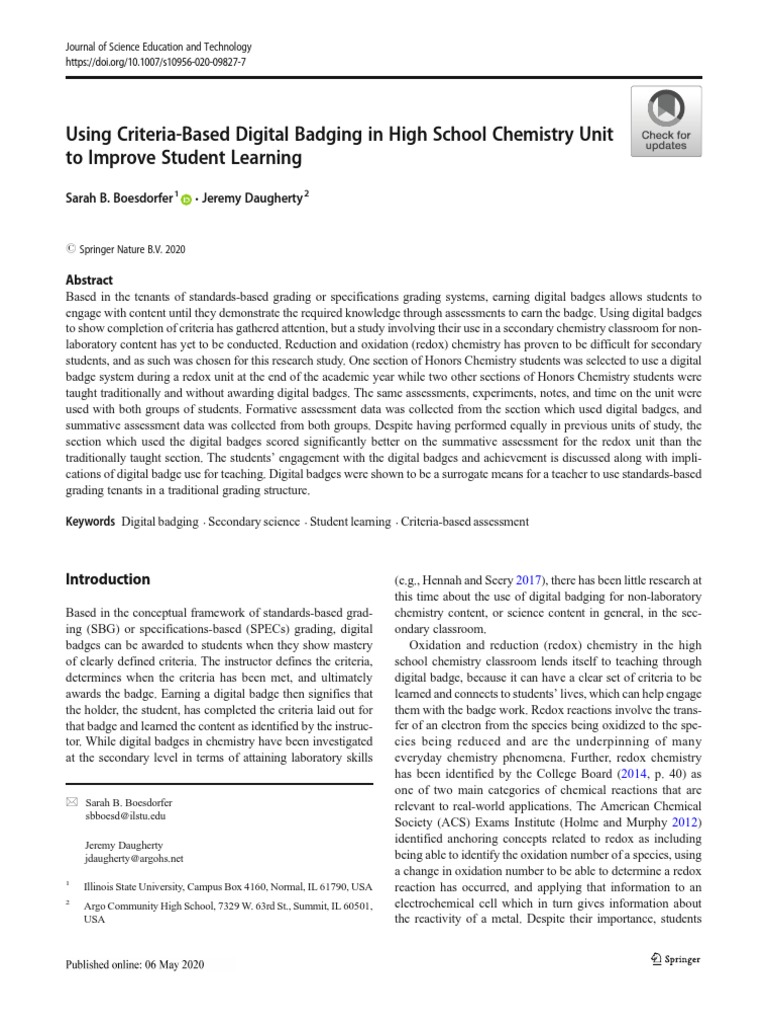 Using Criteria-Based Digital Badging in High School Chemistry Unit To ...