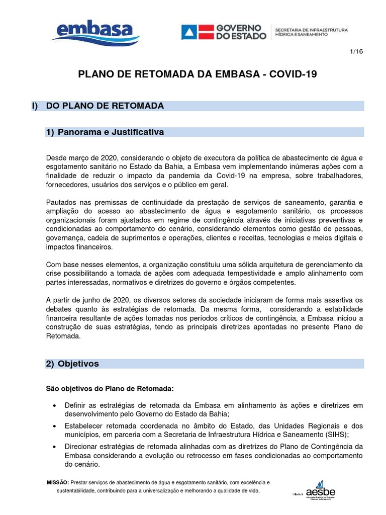 Plano de Retomada Da Embasa - Covid-19 - V 14.09.2020 | PDF | Gestão de recursos humanos ...