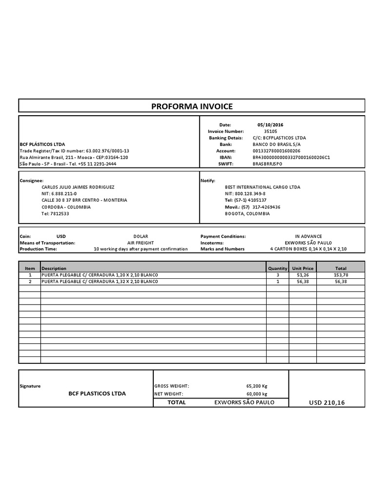 Proforma Invoice Carlos Julio 35105 Exw-Sao Paulo | PDF | Services ...