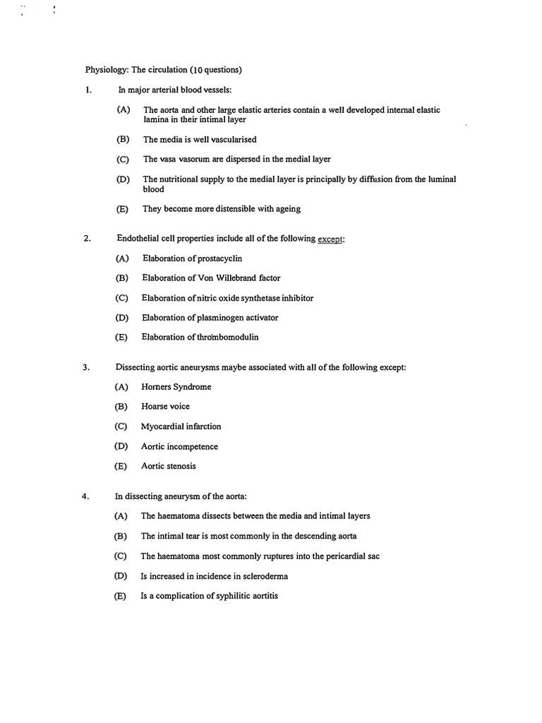 012 Physiology MCQ ACEM Primary Circulation PDF | PDF | Circulatory ...
