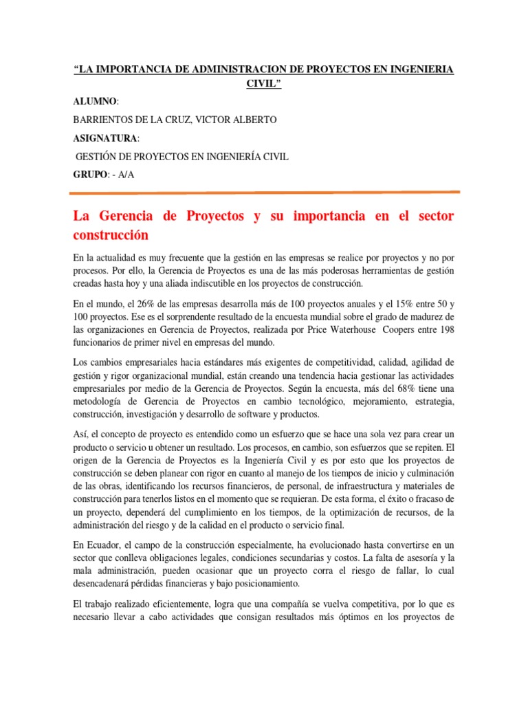 La Importancia de Administracion de Proyectos en Ingenieria Civil | PDF | Gestión de proyectos ...