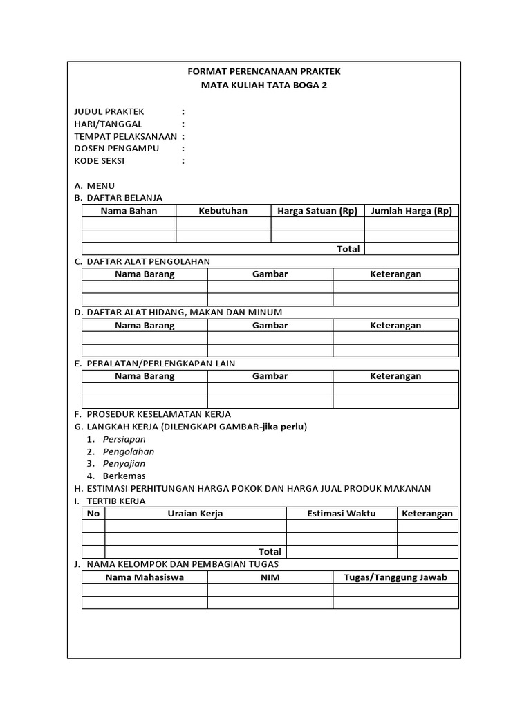 Format Rencana Praktek TATA BOGA 2 | PDF