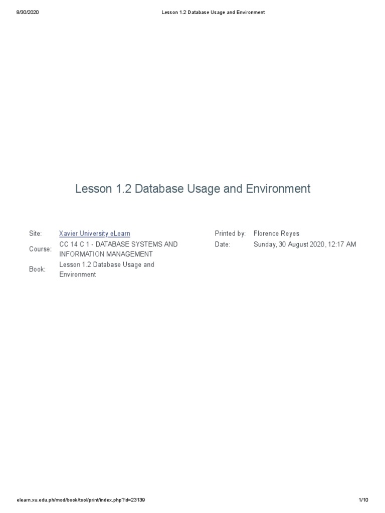Lesson 1.2 Database Usage and Environment | PDF | Databases | Computer File