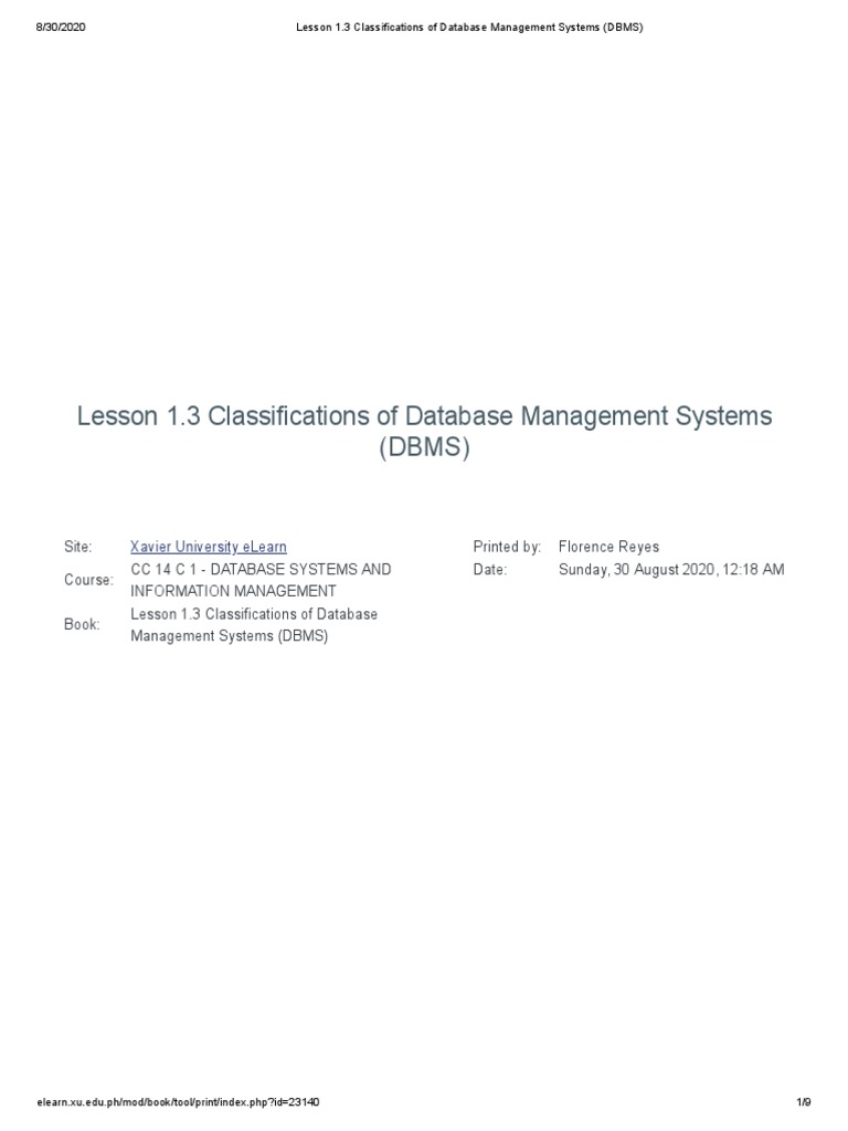 Lesson 1.3 Classifications of Database Management Systems (DBMS) | PDF ...