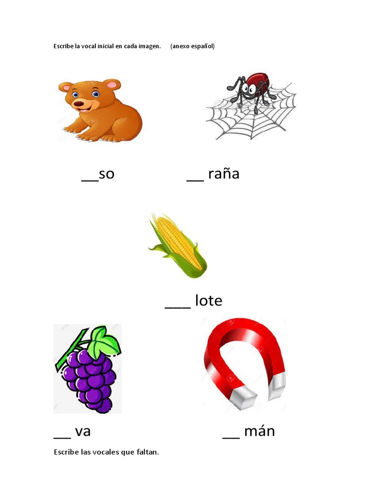 Escribe La Vocal Inicial en Cada Imagen | PDF