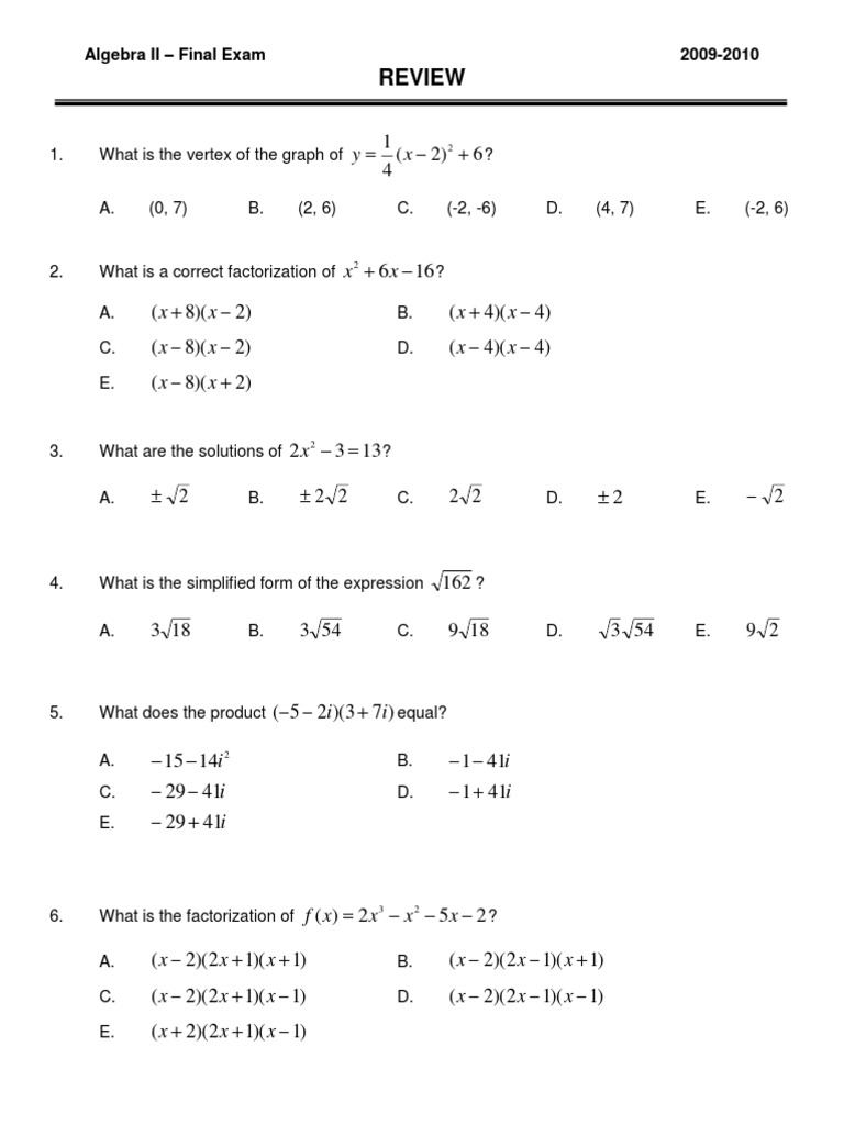 Algebra II Final Exam Review 2010 | PDF | Vertex (Graph Theory ...