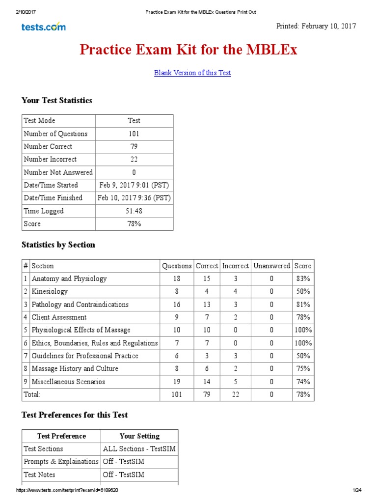 Practice Exam Kit For The Mblex: Your Test Statistics | PDF ...