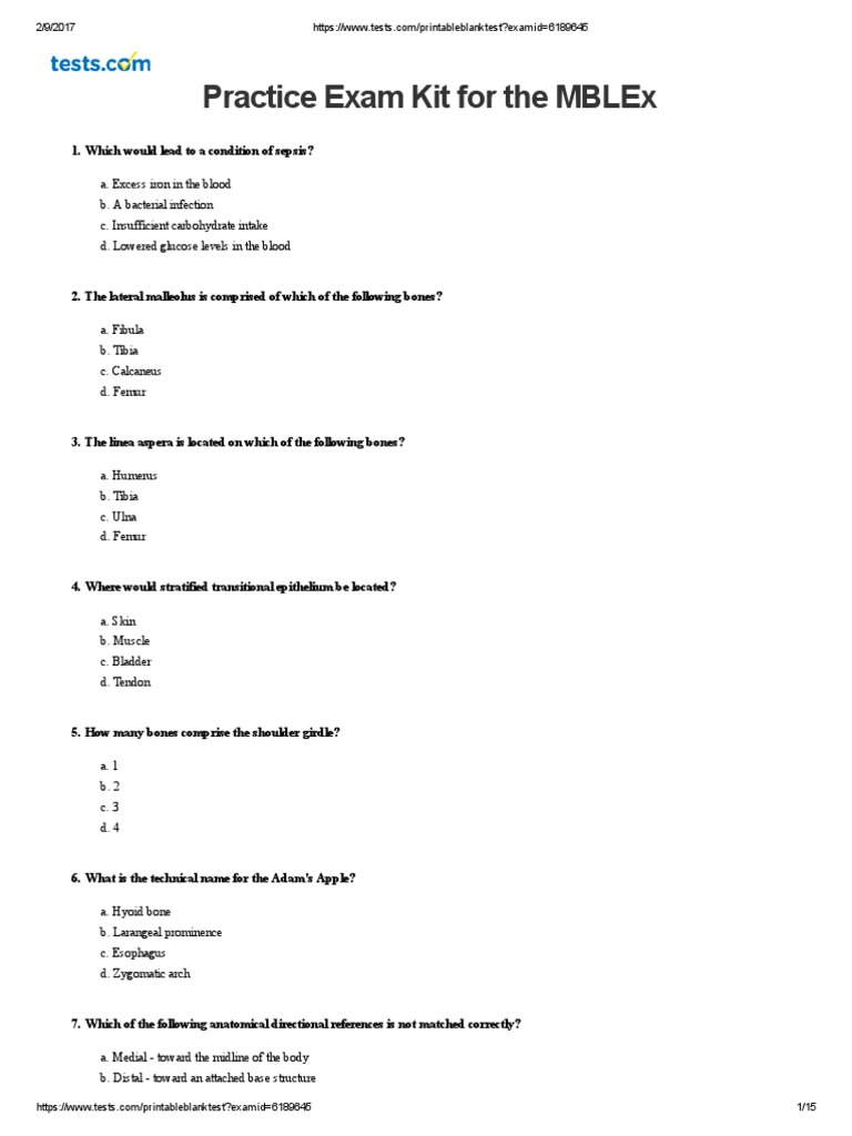 Mblex 1 Blank Test | PDF | Massage | Anatomical Terms Of Motion