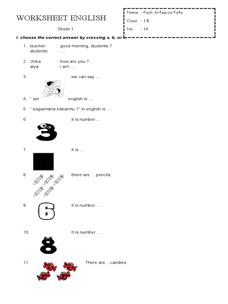 Worksheet English: Grade 1 | PDF