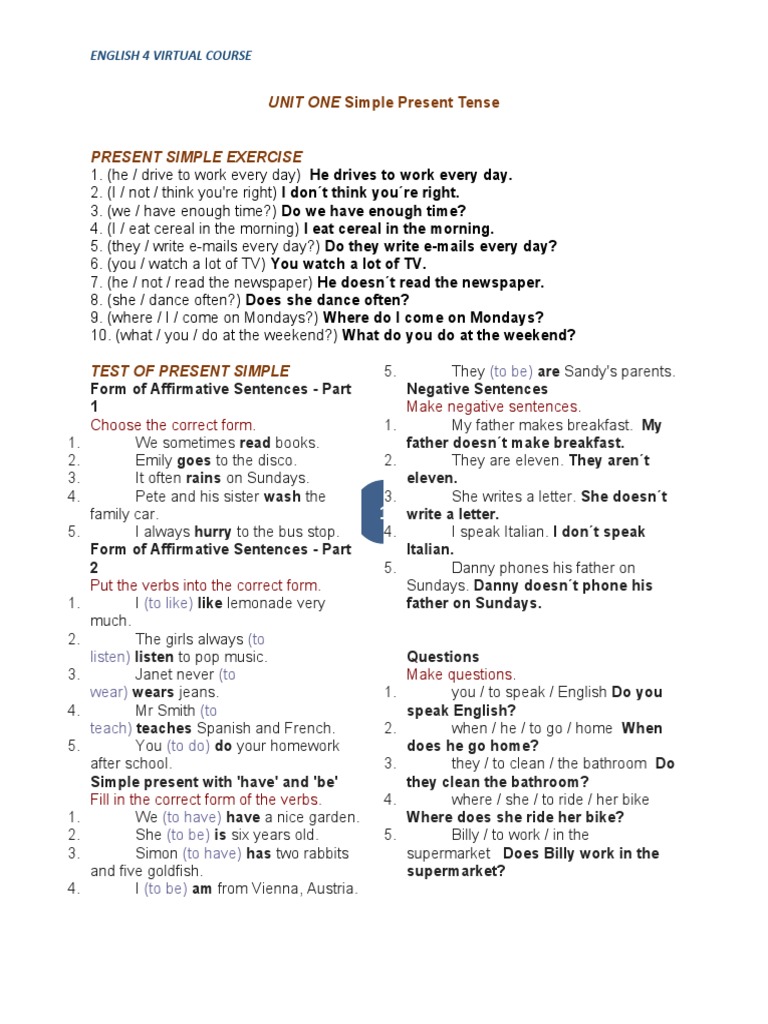 Simple Present Tense Exercises | PDF | Grammar | Linguistics
