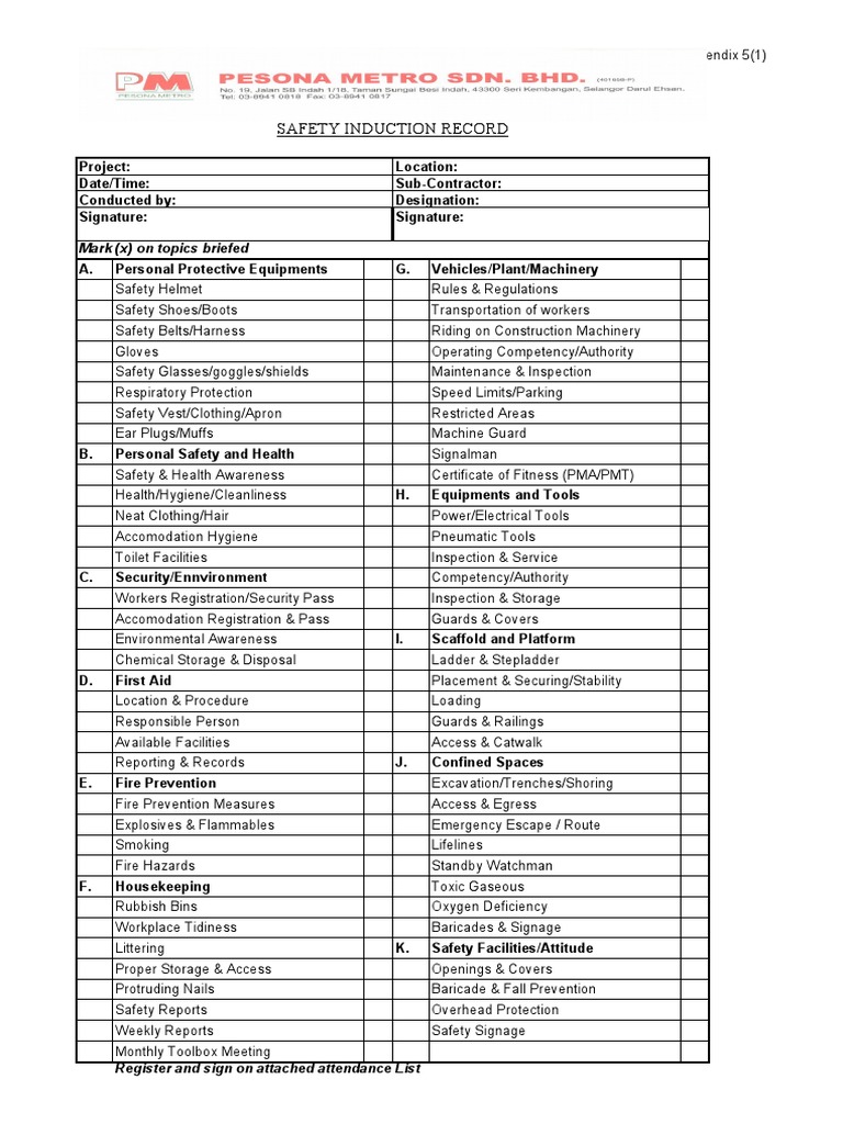 Safety Induction Record: Mark (X) On Topics Briefed | PDF | Personal ...