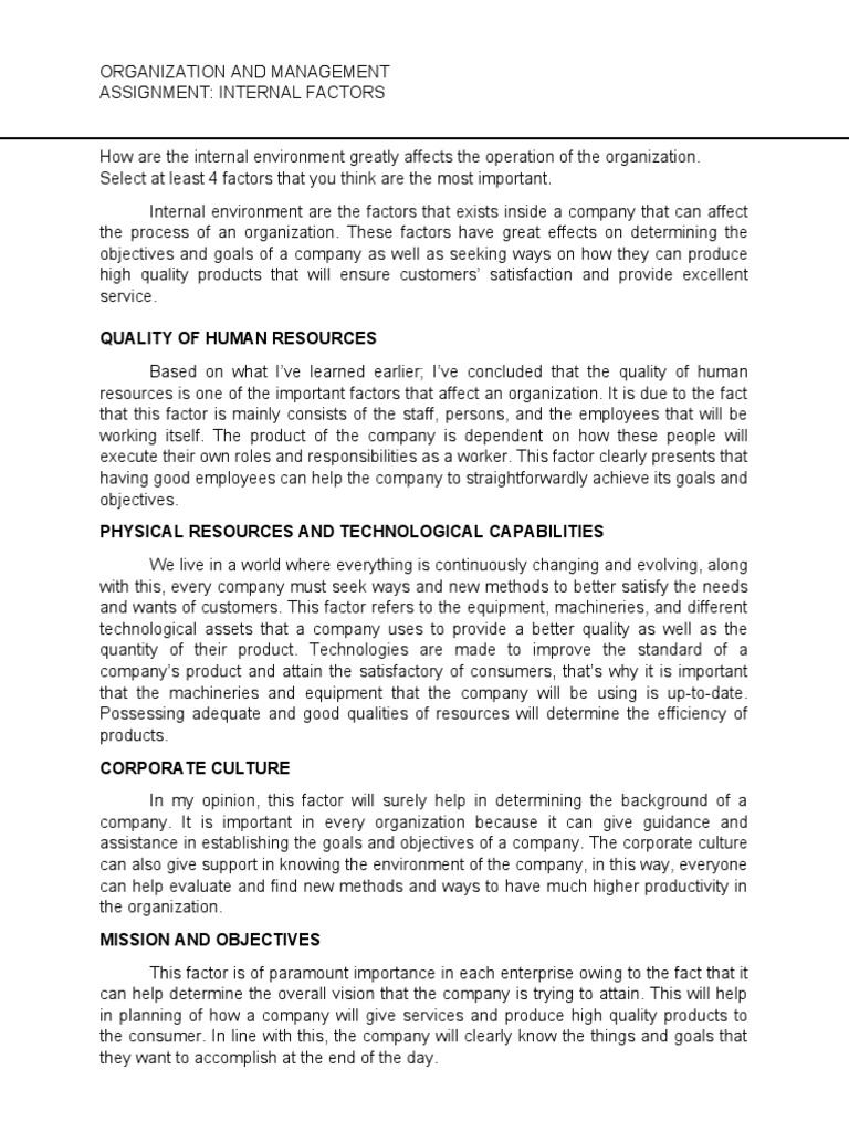 Org Man Internal Factors | PDF | Goal | Organizational Culture