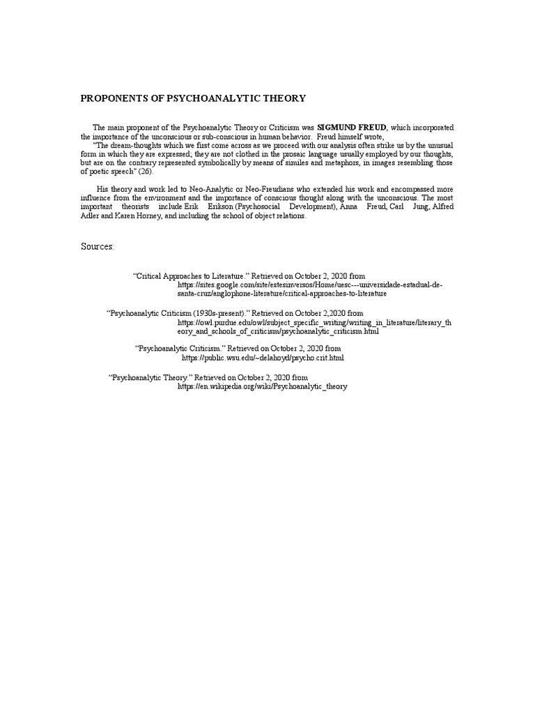 Proponents of Psychoanalytic Theory: Sources | PDF