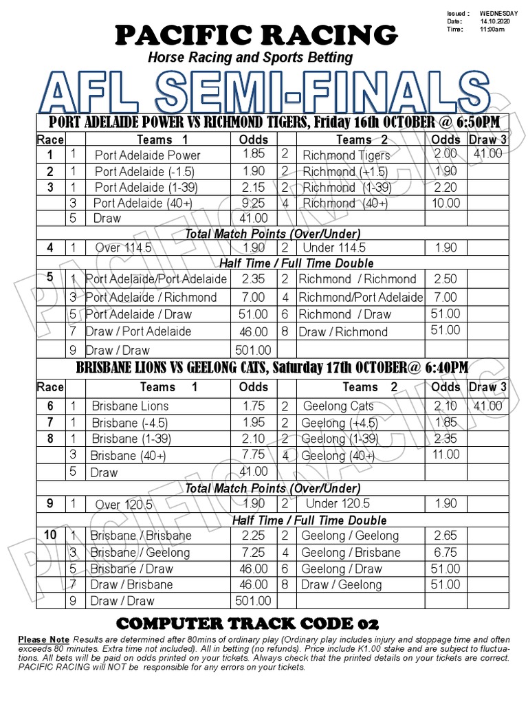 Afl Semi Finals-Pacific Racing | PDF | Odds | Athletic Sports