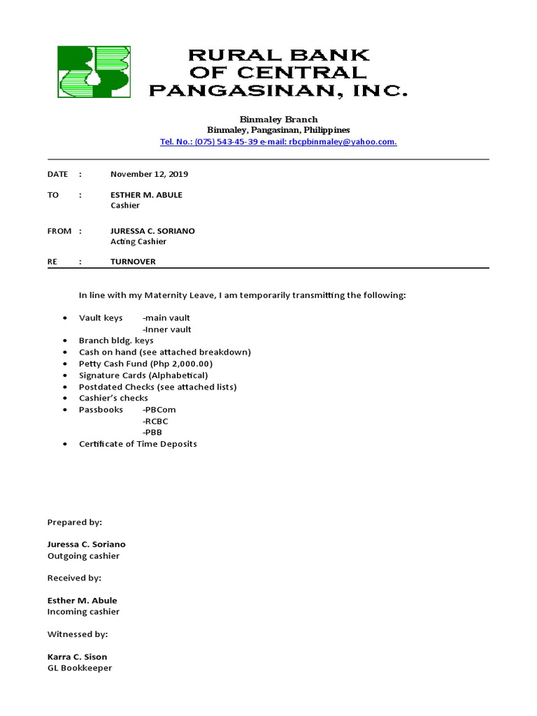 Cashier Turnover Details - Binmaley Branch | PDF