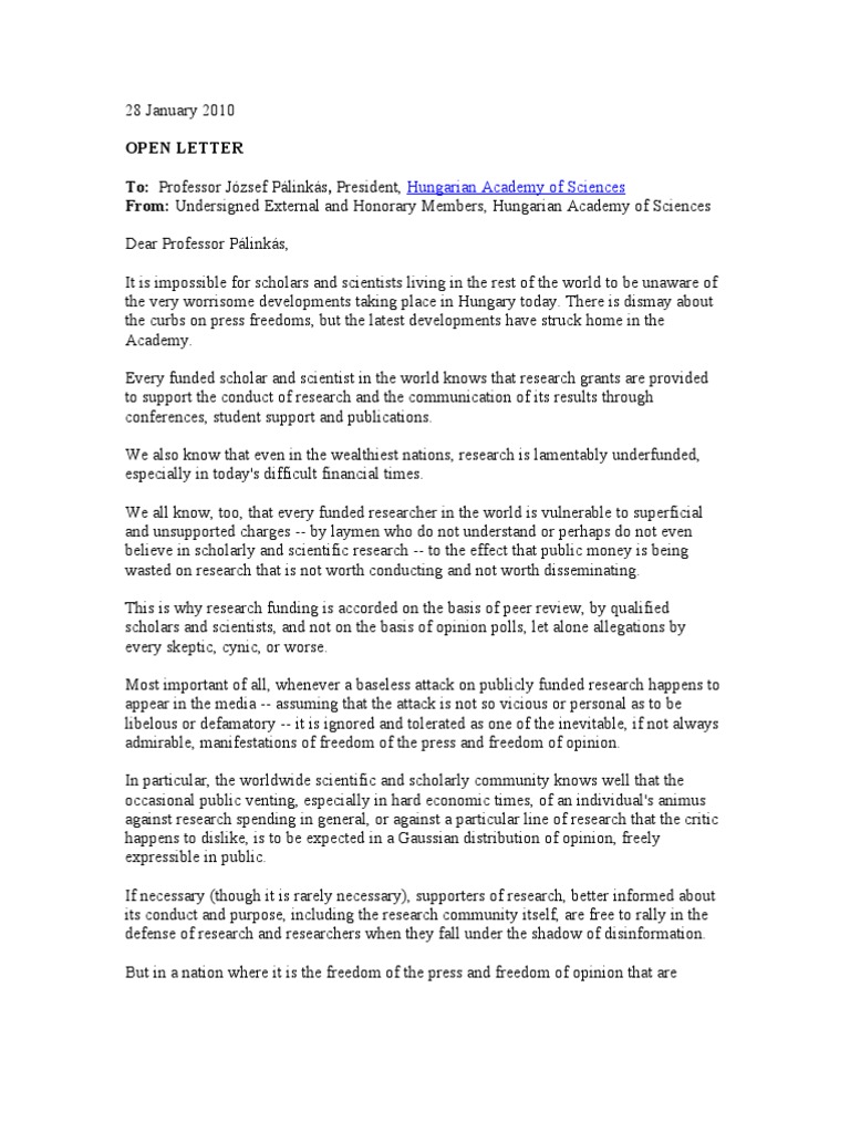 Open Letter To: Professor József Pálinkás, President, From: Undersigned ...