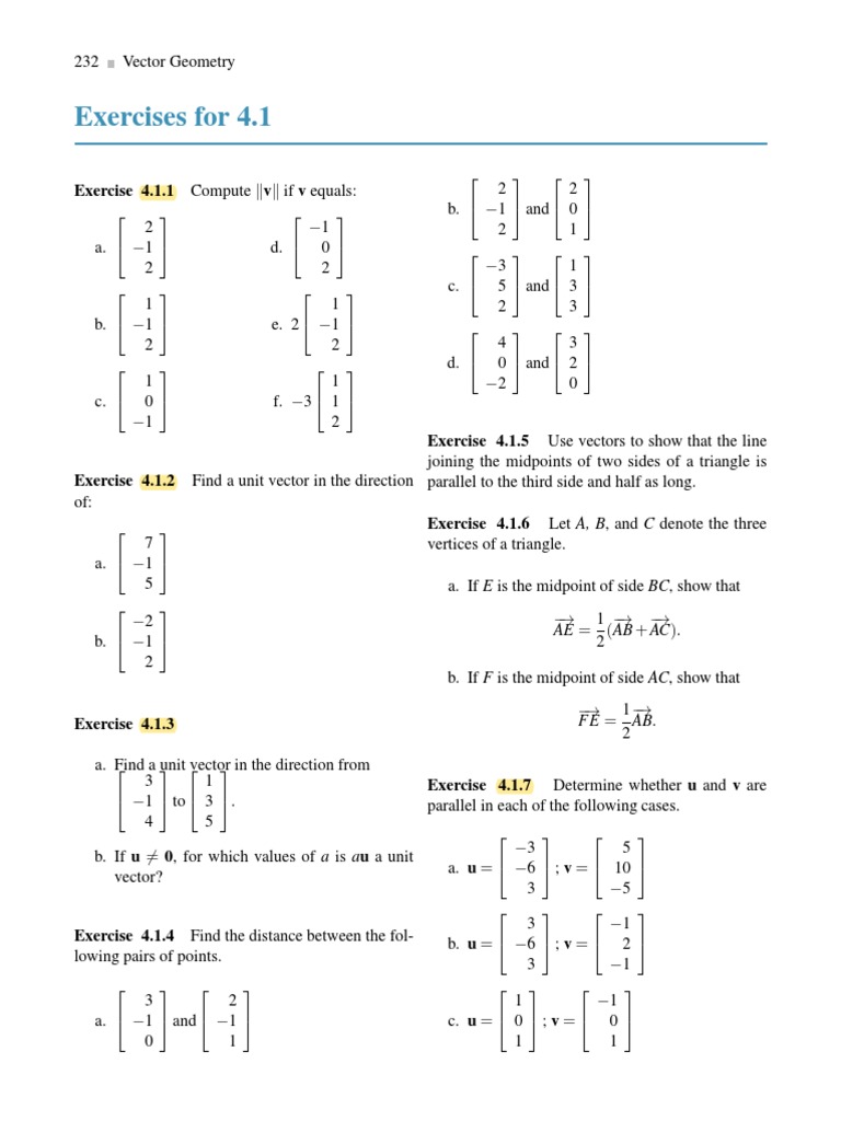 Vector Geometry: Exercises for Computing Lengths, Directions, and ...