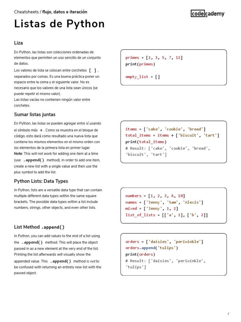 Listas de Python: Cheatsheets / Ujo, Datos e Iteración | PDF | Computer Programming | Software ...