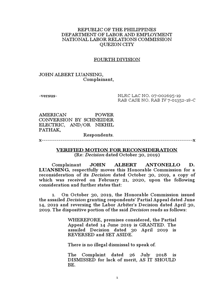 Verified Motion For Reconsideration: NLRC LAC NO. 07-002695-19 RAB CASE NO. RAB IV 7-01352-18-C ...