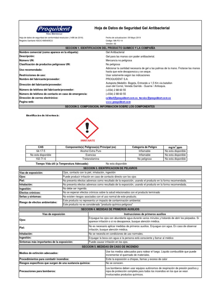 Hoja de Seguridad GEL ANTIBACTERIAL | PDF | Primeros auxilios | Agua