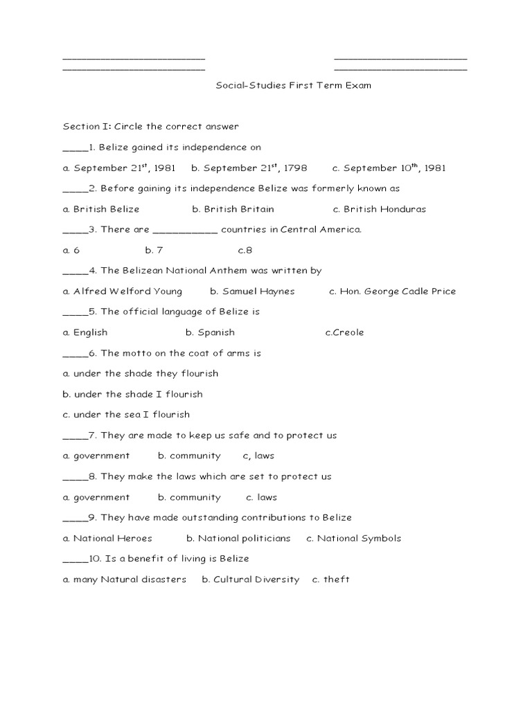 Social Studies First Term Exam 2017-2018 | PDF | Belize | Languages
