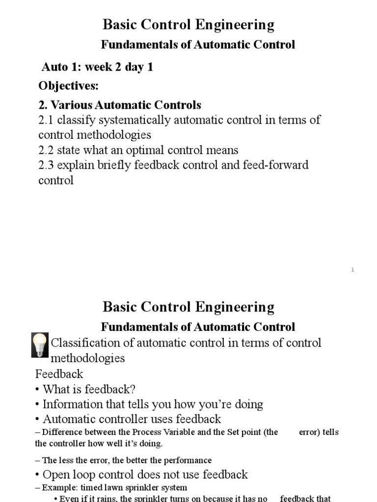 Basic Control Engineering: Fundamentals of Automatic Control Auto 1 ...