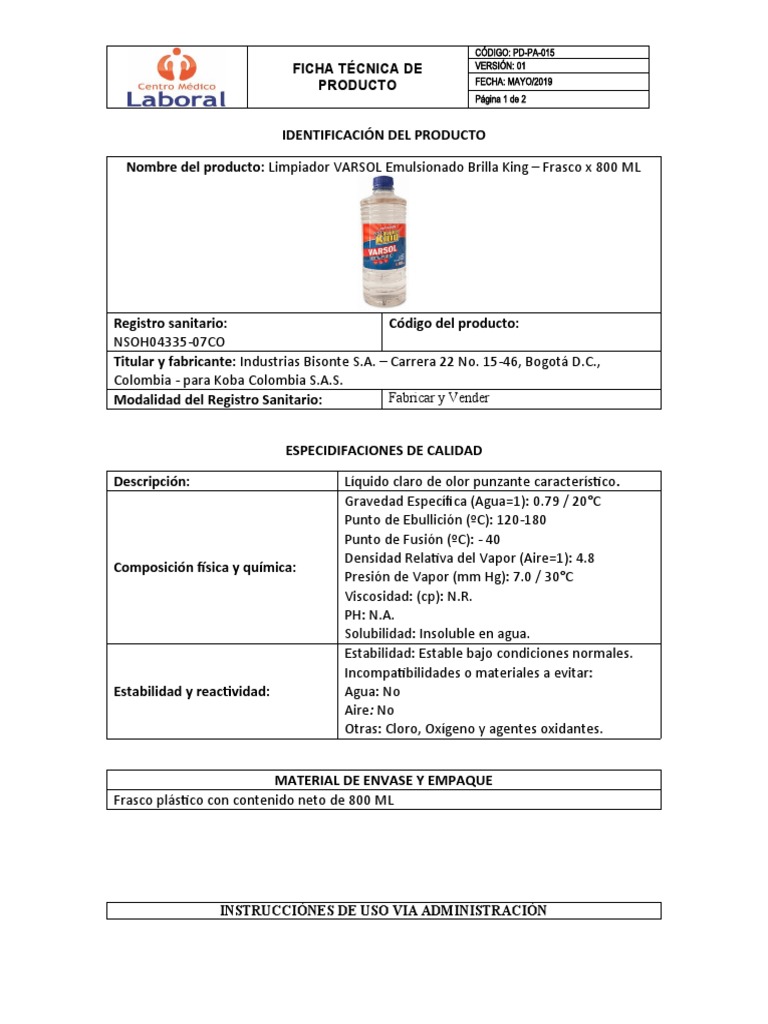 Ficha técnica limpiador Varsol Brilla King | PDF | Agua | Materiales