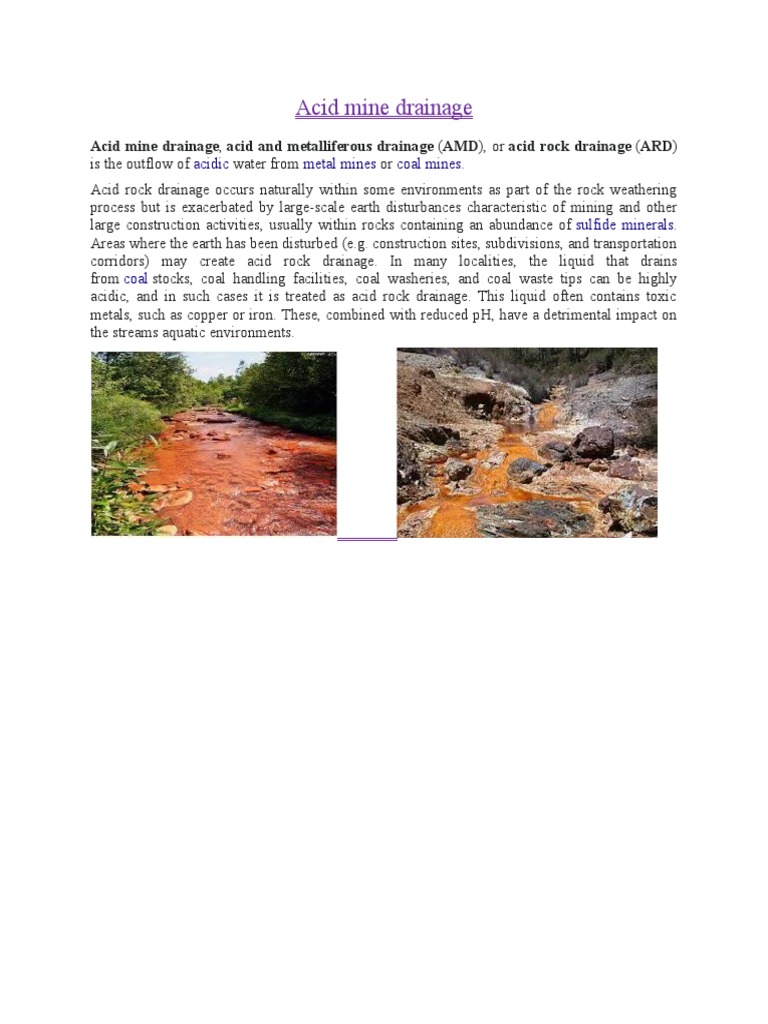 Acid Mine Drainage: Acidic Metal Mines Coal Mines | PDF