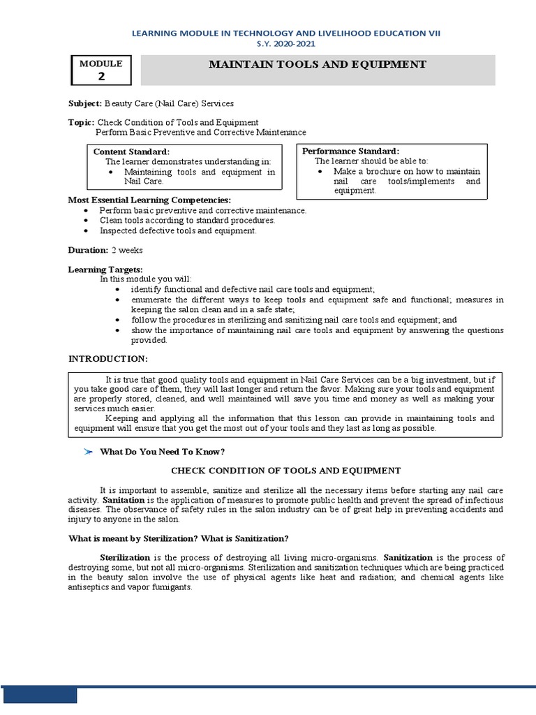 Maintain Tools and Equipment: Learning Module in Technology and ...
