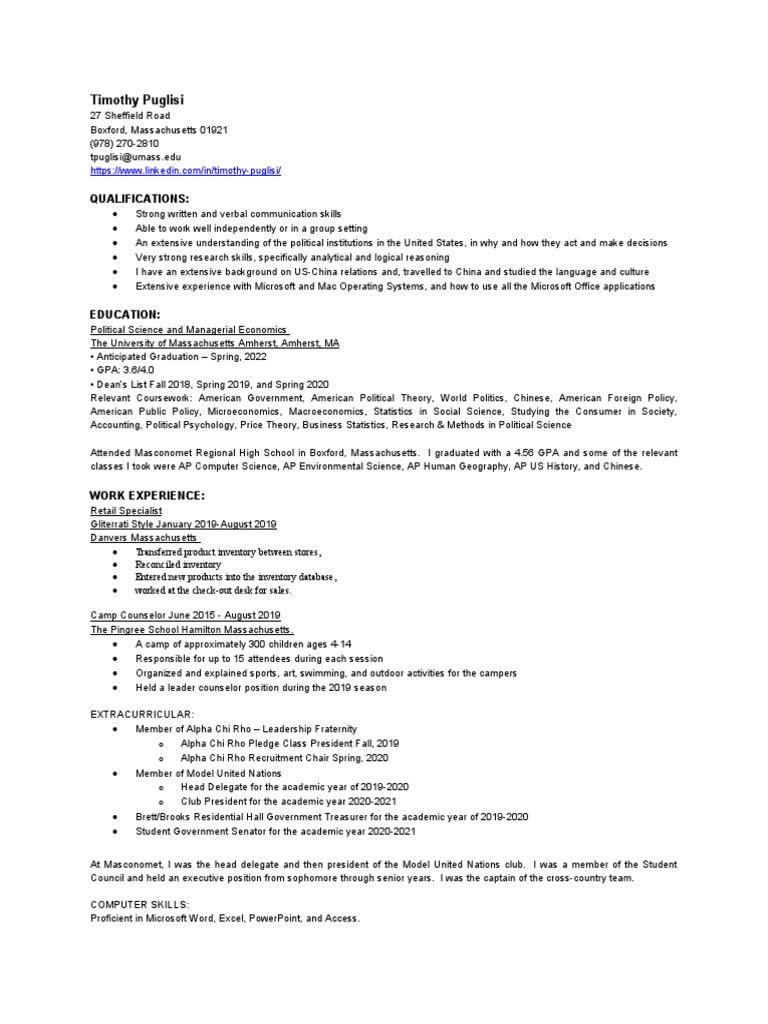 Resume Timothy Puglisi | PDF | Science | Further Education