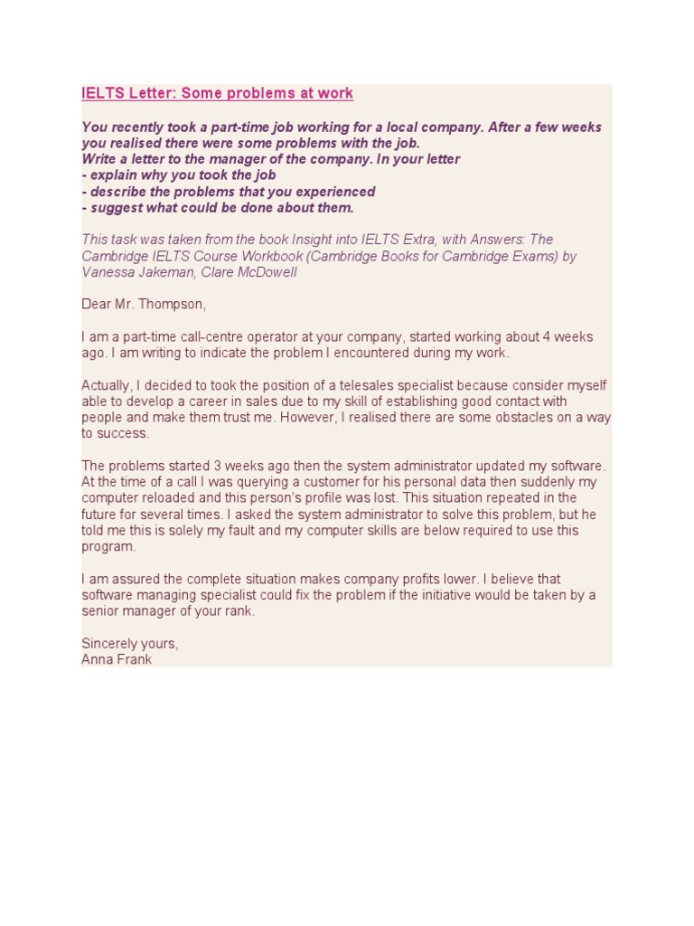 IELTS Letter: Some Problems at Work | PDF
