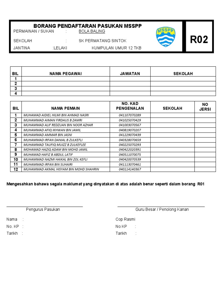 Borang Pendaftaran R02 Bola Baling Lelaki | PDF