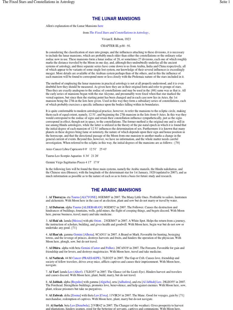 The Fixed Stars and Constellations in Astrology, Lunar Mansions | PDF ...