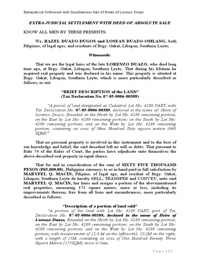 Extrajudicial Settlement of Estate Duazo Lorenzo | PDF | Land Law | Property Law