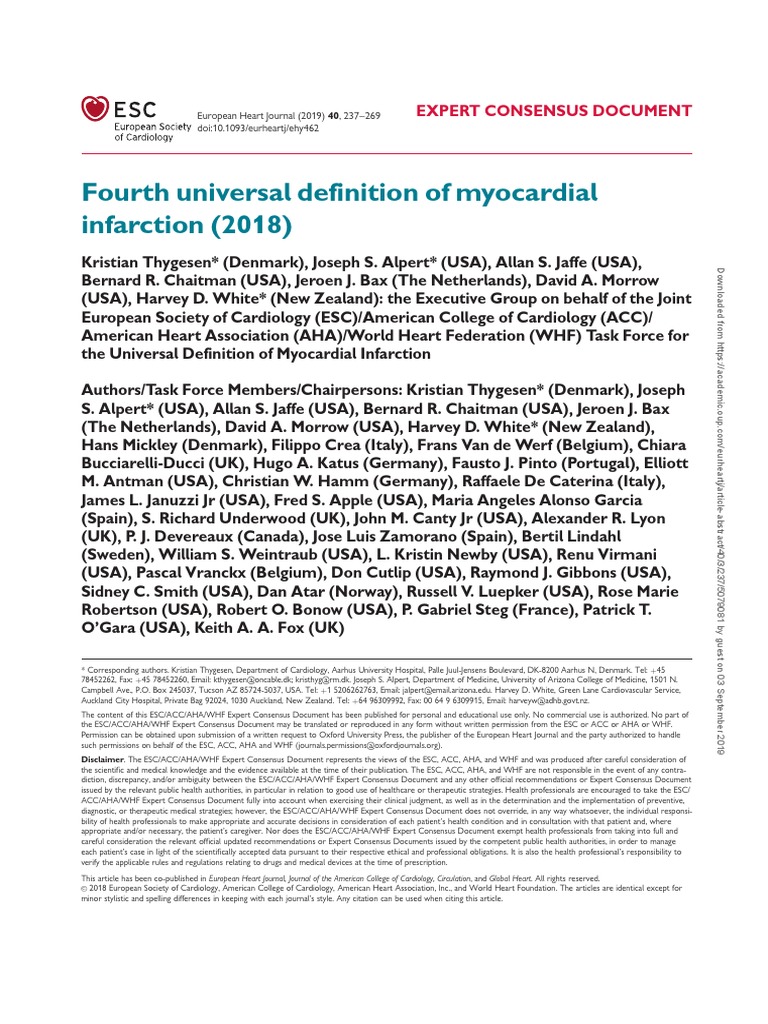 Fourth Universal Definition of Myocardial Infarction (2018) : Expert Consensus Document | PDF ...