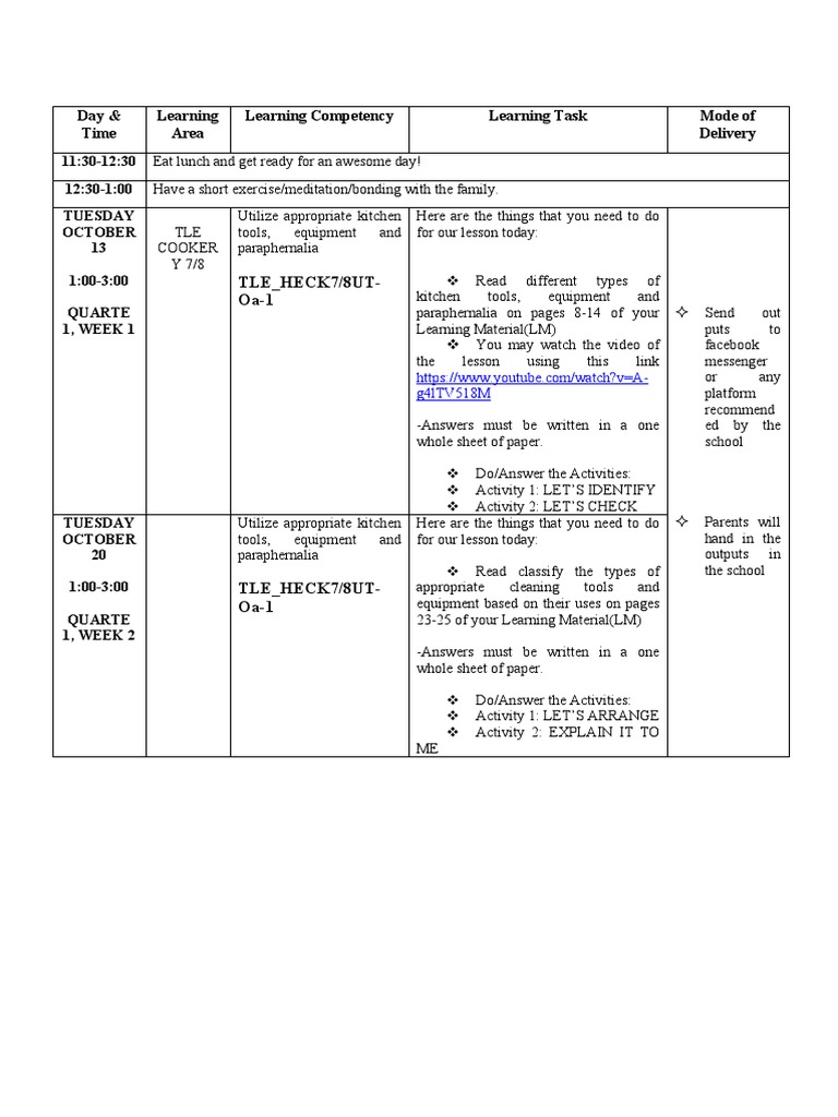 TLE - HECK7/8UT-Oa-1: Day & Time Learning Area Learning Competency ...