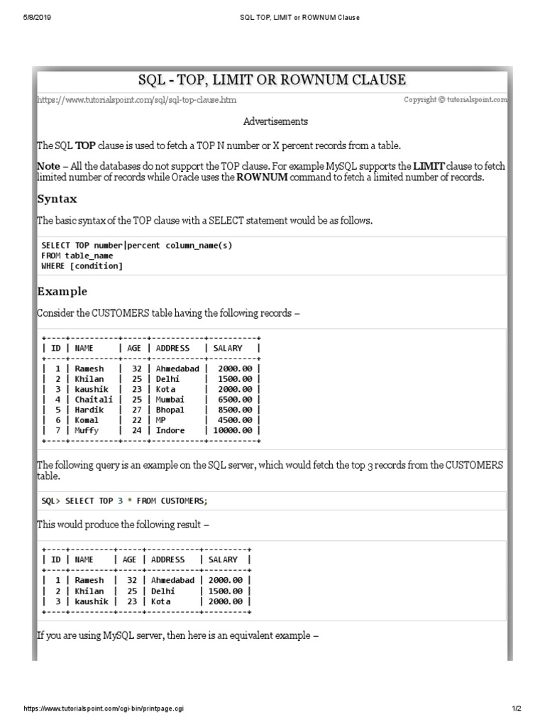 10 SQL TOP, LIMIT or ROWNUM Clause | PDF | Sql | My Sql