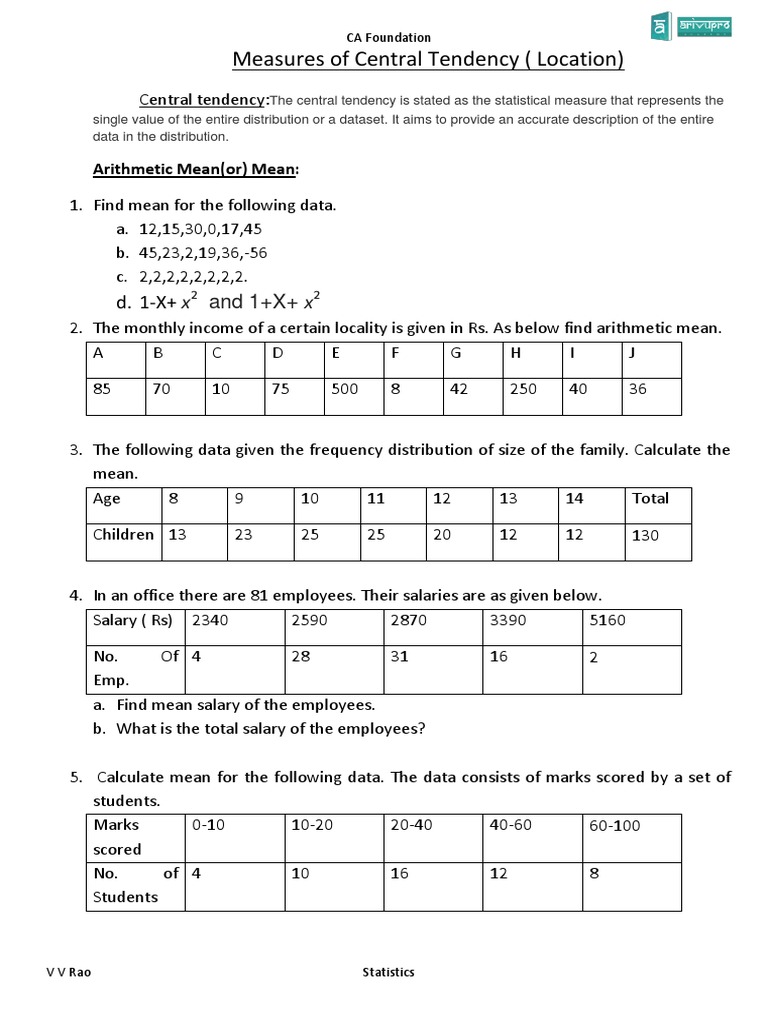 Central Tendency Worksheet