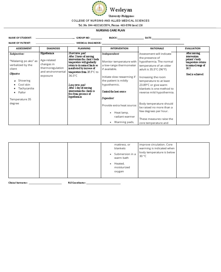 Wesleyan Nursing Care Plan Template | PDF | Hypothermia | Transport ...