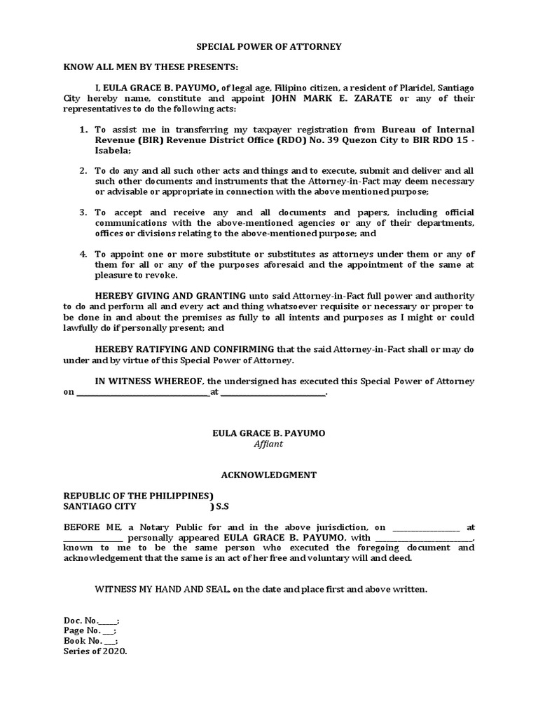 SPA - Transfer of RDO | PDF | Power Of Attorney | Common Law