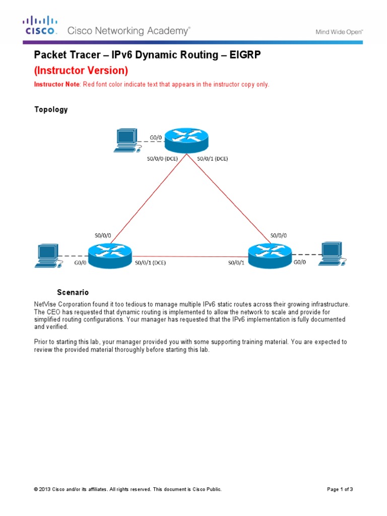 (Instructor Version) : Packet Tracer - Ipv6 Dynamic Routing - Eigrp | PDF | I Pv6 | Routing