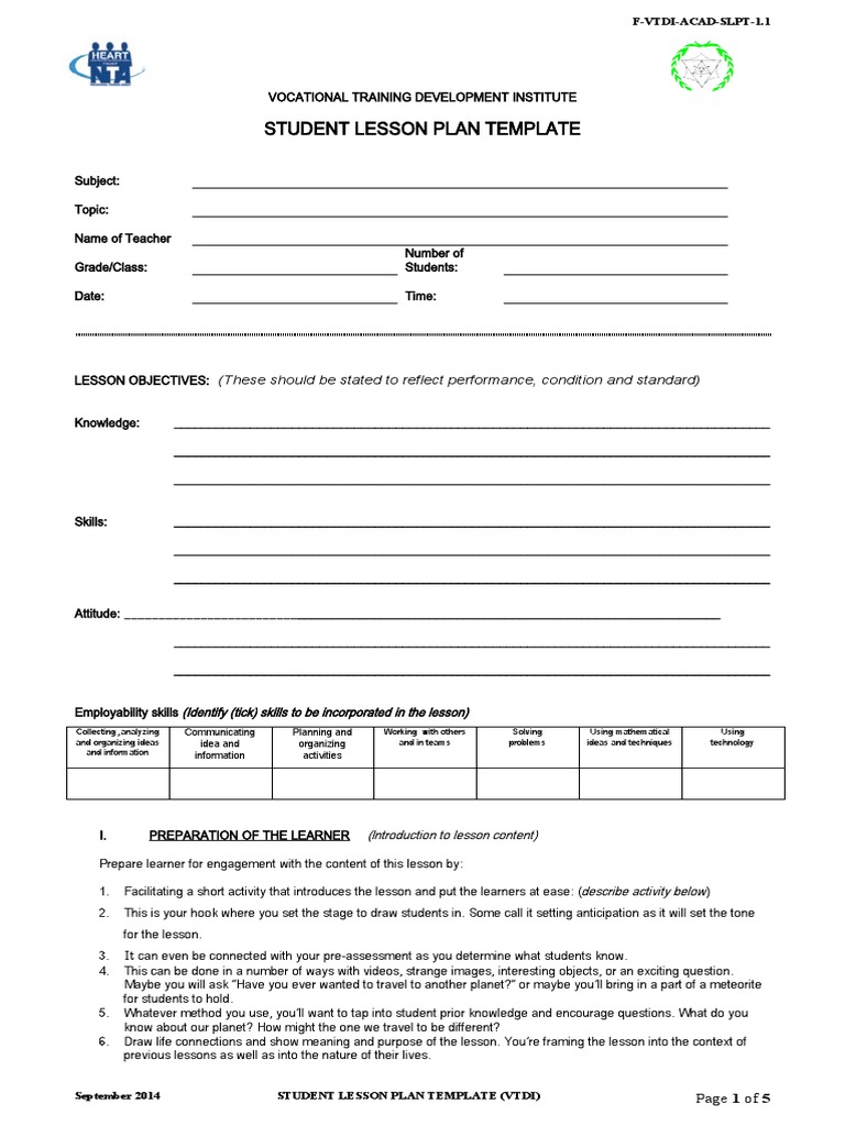 Student Lesson Plan Template: (Identify (Tick) Skills To Be ...
